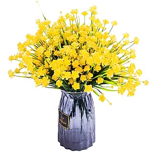 Foraineam 10 Bundles Yellow Daffodils Artificial Flowers Fake Plants Plastic Bushes Greenery Shrubs Fence Indoor Outdoor Hanging Planter Home Garden Decor