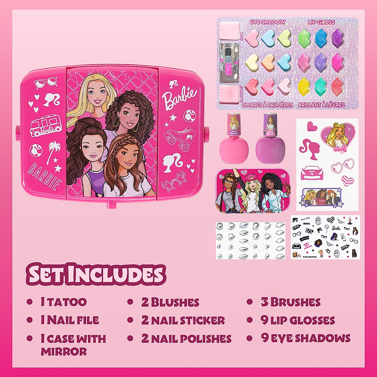 Barbie Beauty Vanity Set with Light-Up Mirror, Includes Lip Gloss, Eye Shadow, Brushes, Nail Polish, Accessories, and More! Ages 3+ Perfect for Parties, Sleepovers, and Makeovers, by Townley Girl