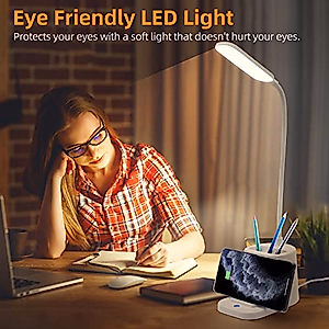 IIOSUYUI Desk Lamp for Home Office, Wireless Charger LED Desk Light with USB Charging Port, 3 Modes Table Lamp with Pen Holder Phone Holder, Desk Lamps for Students Kids