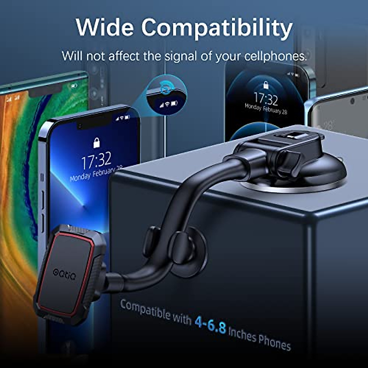 OQTIQ Magnetic Phone Holder for Car Dashboard Windshield 8.3-Inch Flexible Gooseneck Arm Suction Cup Car Magnetic Phone Mount 6 Strong Magnets Sturdy for All iPhone Android Smartphones [Case Friendly]