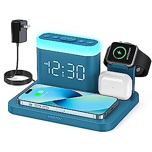 YORTOT Wireless Charging Station Alarm Clock with 7 Multiple Colors Light - 5 in 1 Wireless Charger,Charging Dock for Apple Devices, for iPhone 15 14 13 12 11 Pro Max,Apple Watch,AirPods,0-100% Dimmer