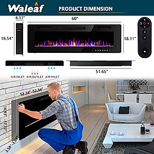 Waleaf 60 inch Ultra-Thin Electric Fireplace Wall Mounted and Recessed,Fireplace Heater with Multicolor Flame fit for 2 x 4 and 2 x 6 Stud, Remote Control Touch Screen,Timer,Low Noise,750/1500W