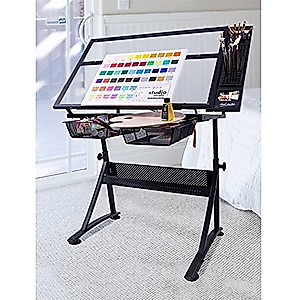 Adjustable Glass Drafting Table,Versatile Art Study Table,with Storage Drawers,Art Studio Design Sketching Painting Work Station