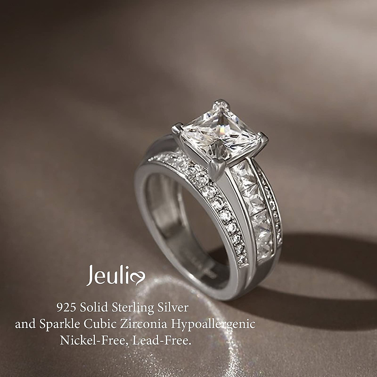 Jeulia Classic Princess Cut Sterling Silver Ring Cubic Zirconia Wedding Diamond Band Rings Engagement Bridal Anniversary Rings for her (Silver, 9.5)