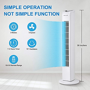 FREE VILLAGE JTF-03R 30'' Bladeless Tower Fan - 30 Inch Portable Tower Fan with Remote, 7.5 Hours Timer, 70° oscillation, Compact Size, 3 Modes and 3 Speed Settings, Safe for Kids and Pets, White
