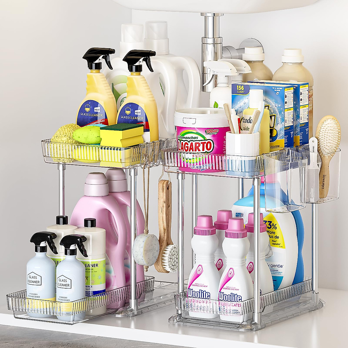 2 Tier Bathroom Cabinet Under Sink Organizers and Storage Clear, Multi-Purpose Kitchen Pantry Organization and Storage, Pull Out Medicine Cabinet Organizer Storage with Movable Dividers & Cups, 2 Set