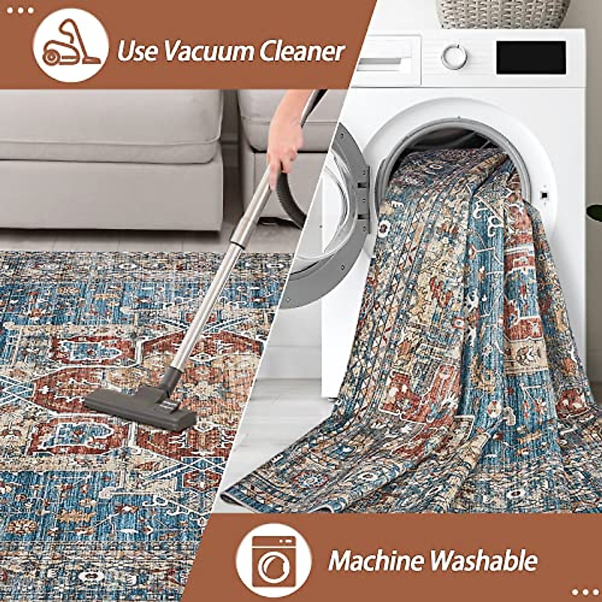 Area Rugs for Living Room: 5x7 Rug for Bedroom Machine Washable with Non Slip Backing Non Shedding, Boho Medallion Floral Large Carpet for Dining Room Nursery Home Office Indoor Decor Blue/Red