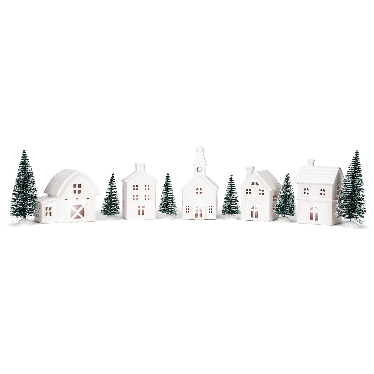 Mark Feldstein & Associates Village with Trees Winter White Glazed Porcelain Holiday Tabletop Figurines, Set of 11, 7 Inch
