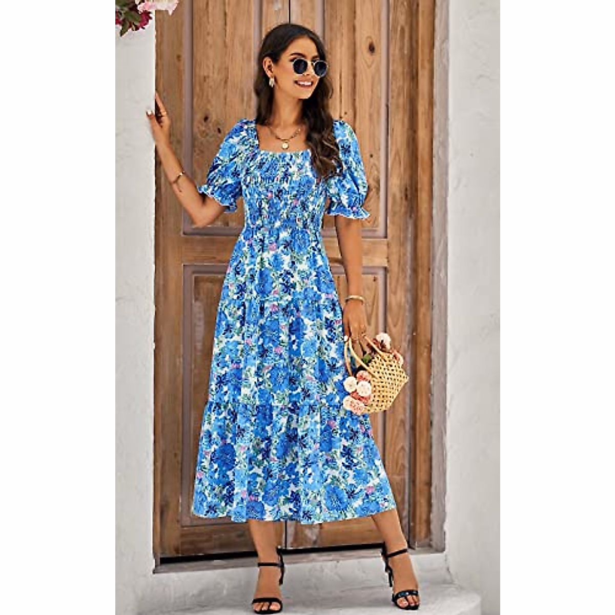 PRETTYGARDEN Women's Summer Puff Sleeve Floral Maxi Dress Square Neck Smocked Boho Flowy A Line Casual Beach Long Dresses (Big Floral White and Blue,Large)