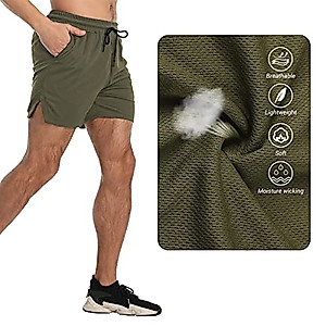 KLINNFENR Mens Gym Running Shorts Quick Dry 5 inch Inseam Athletic Workout Training Shorts with Reflective Zipper Pockets Towel Loop,Army Green S