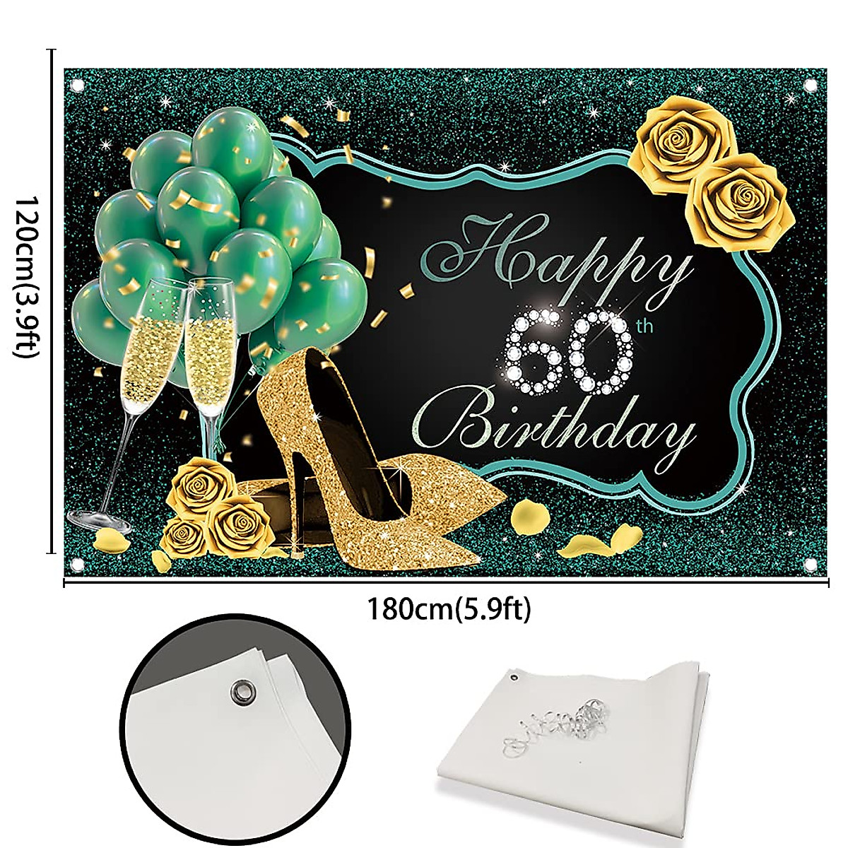 Bellimas Happy 60th Birthday Backdrop Green and Black Women Birthday Party Background High Heels Gold Rose Sixty Birthday Prom Party Supplies Banner with Copper Grommets