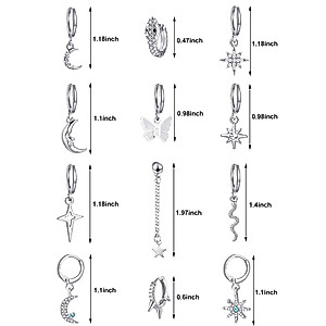 12 Pairs Dangle Hoop Earrings Aesthetic Huggie Earrings with Charms Small Drop Pendant Hoop Earrings for Women (Silver)
