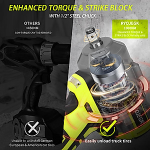 RYOJEGK 1000N.m(740ft-lbs) Cordless Impact Wrench, 21V 1/2”Brushless power Impact Gun, 0-4200 RPM w/ 2 x 4.0Ah Battery & Fast Charger & 5 Sockets, Pistola De Impacto for Car Truck Home