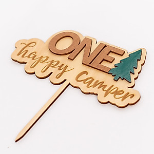CIEQR One Happy Camper Cake Topper - Camping Theme Wooden Cake Topper, First Birthday Cake Decoration for Baby Shower, 1st Birthday Party, Anniversary, Baby Photo Booth Props...