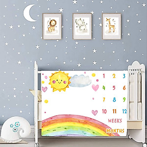 Cartoon Rainbow Baby Monthly Milestone Blanket, 48x40in Sun Cloud Heart Shape Colored Dots Blanket Hand Painted for Newborn Baby Shower,Baby Growth Chart Photography Blanket BTLSME96