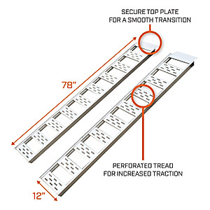 CARGOSMART Aluminum Straight Fixed Ramp with Treads (2pk) - Easily and Safely Load and Unload Light Equipment, Lawn Tractors, ATVs and More, 1,250 lb. Capacity, 12" W x 78" L