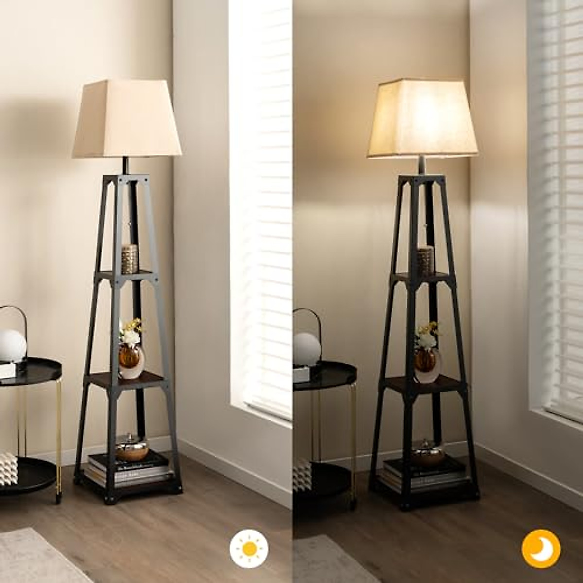 Tangkula Shelf Floor Lamp, Modern Wood Square Standing Lamp with 3 Tiers Shelves and Linen Shade, Stable Trapezoidal Design, E26 Lamp Base, 62" Tall Metal Frame Shelf Lamp for Living Study Bedroom