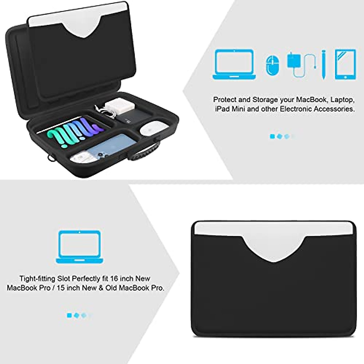 Lacdo Hard Shell Laptop Carrying Case Shoulder Bag for 16 inch New MacBook Pro M1 Pro/Max A2485 A2141 2021-2019, 15 inch Old MacBook Pro 2012-2018, Compartment for iPad Mini with Apple Pencil, Black