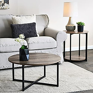 Household Essentials Jamestown Round Coffee Table Ashwood Rustic Wood Grain and Black Metal 31.5 x 31.5