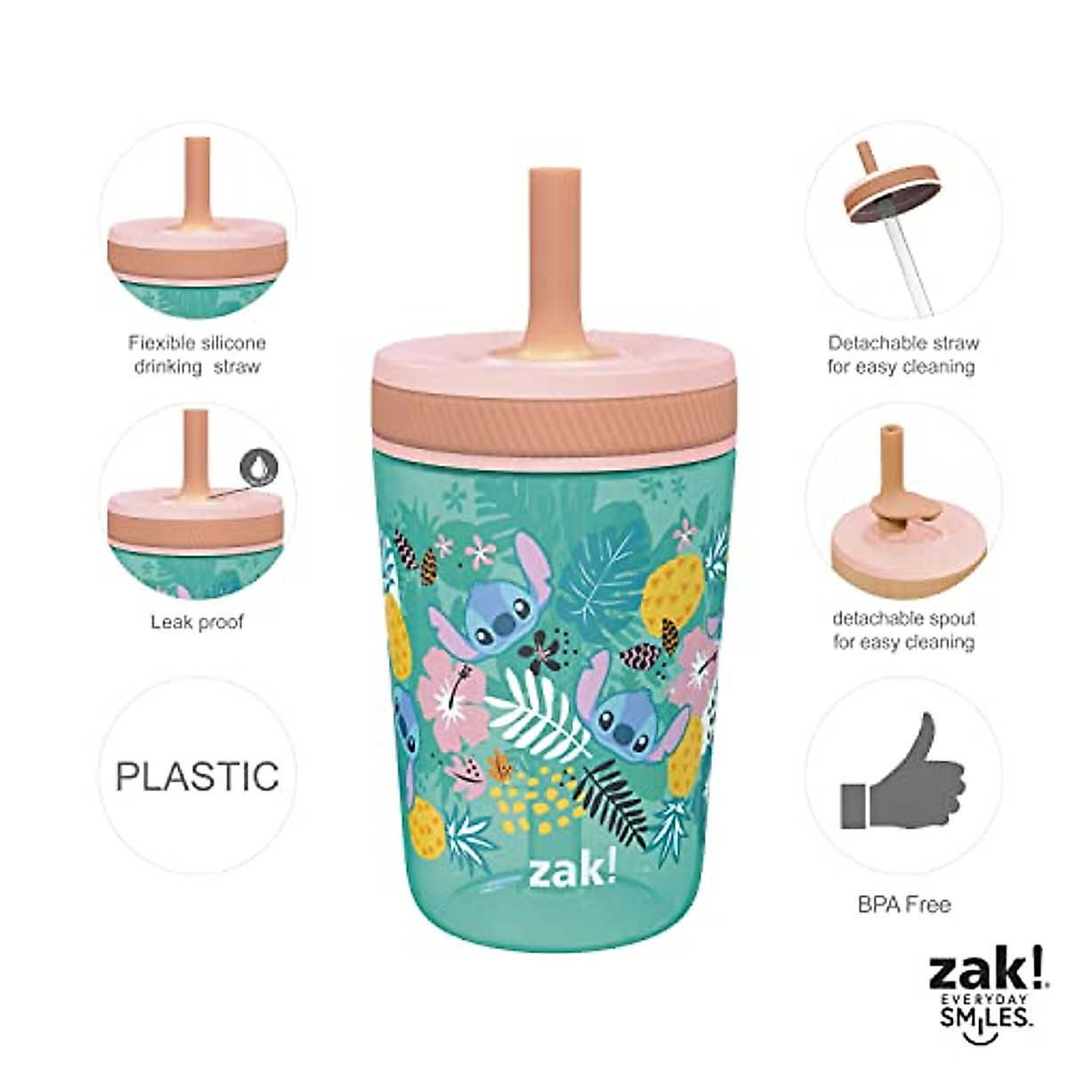 Zak Designs Disney Lilo and Stitch Kelso Tumbler Set, Leak-Proof Screw-On Lid with Straw, Bundle for Kids Includes Plastic and Stainless Steel Cups with Bonus Sipper (3pc Set, Non-BPA, Stitch)