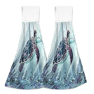Blue Sea Turtle Hanging Kitchen Towels 2 Pack Watercolor Tortoise Absorbent Wipe Dish Towels Ocean Animal Tie Towel for Bathroom Home Decor