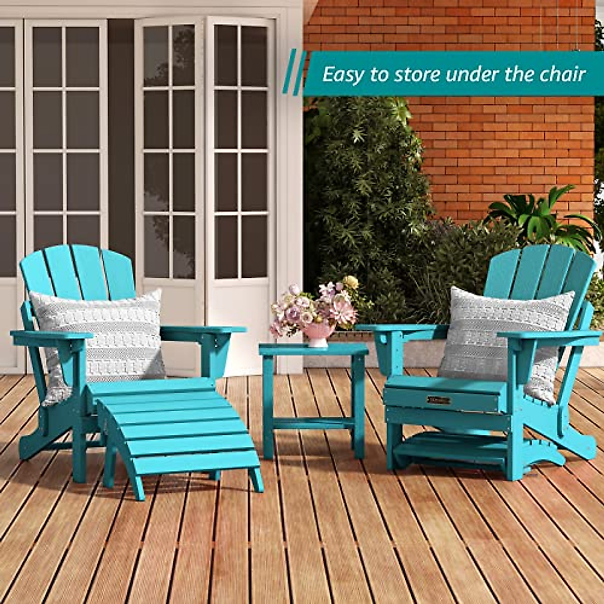 SERWALL 5-Piece Adirondack Chair and Ottoman and Table Set, Weather Resistant Adjustable Backrest Adirondack Chair with Ottoman and Side Table, Adirondack Chair for Backyard, Garden, Deck, Cyan Blue