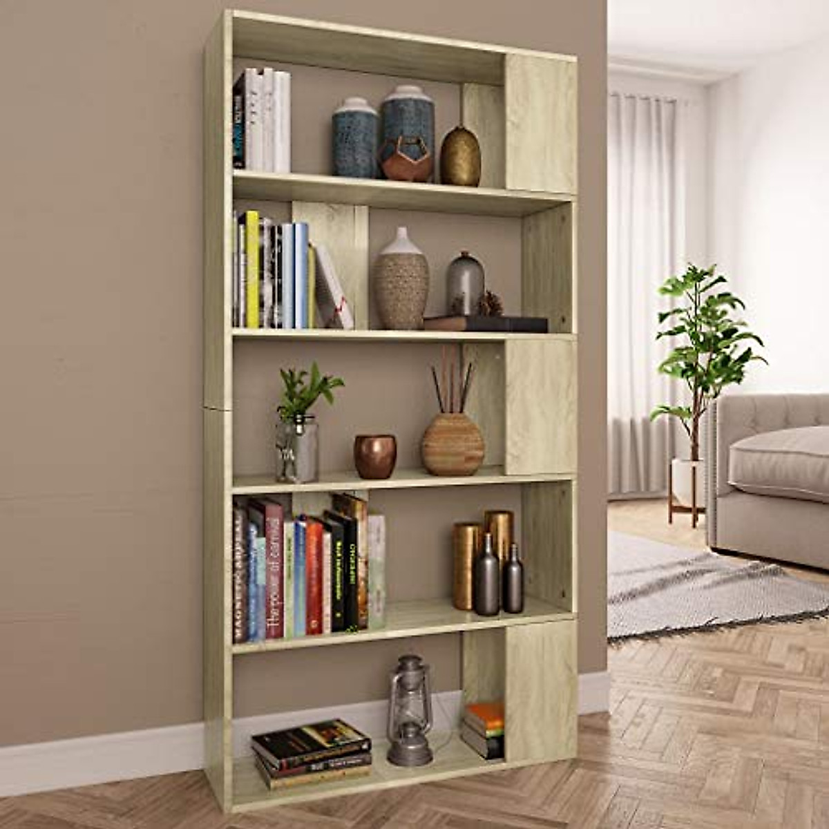 YITHOPI Bookshelf Storage Shelves Featuring a Sleek Multifunctional Plant Flower Stand Storage Rack Shelves Bookcase for Home Office Book Cabinet/Room Divider Sonoma Oak 31.5"x9.4"x62.6" Chipboard
