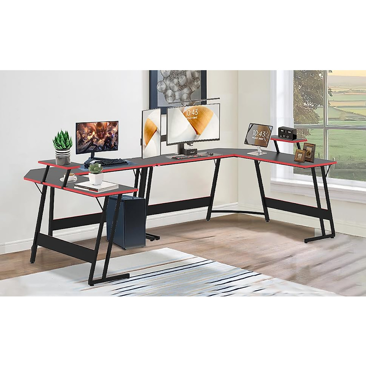 NiamVelo L Shaped Gaming Desk with Large Desktop & Storage Space - Ideal for Studying, Working, and Gaming - Adjustable Feet & Optional Tray Table Installation (Black)