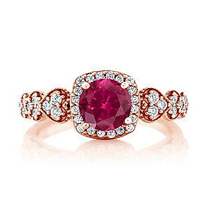 Gem Stone King 18K Rose Gold Plated Silver Round Red Created Ruby Ring For Women (1.32 Cttw, Available In Size 5, 6, 7, 8, 9)