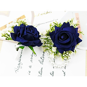 MAFELOE 2Pcs of Wrist Corsage and Boutonniere Set, Artificial Flowers Accessories Suit Decor for Wedding Prom Party Homecoming Ceremony Anniversary - Navy Blue