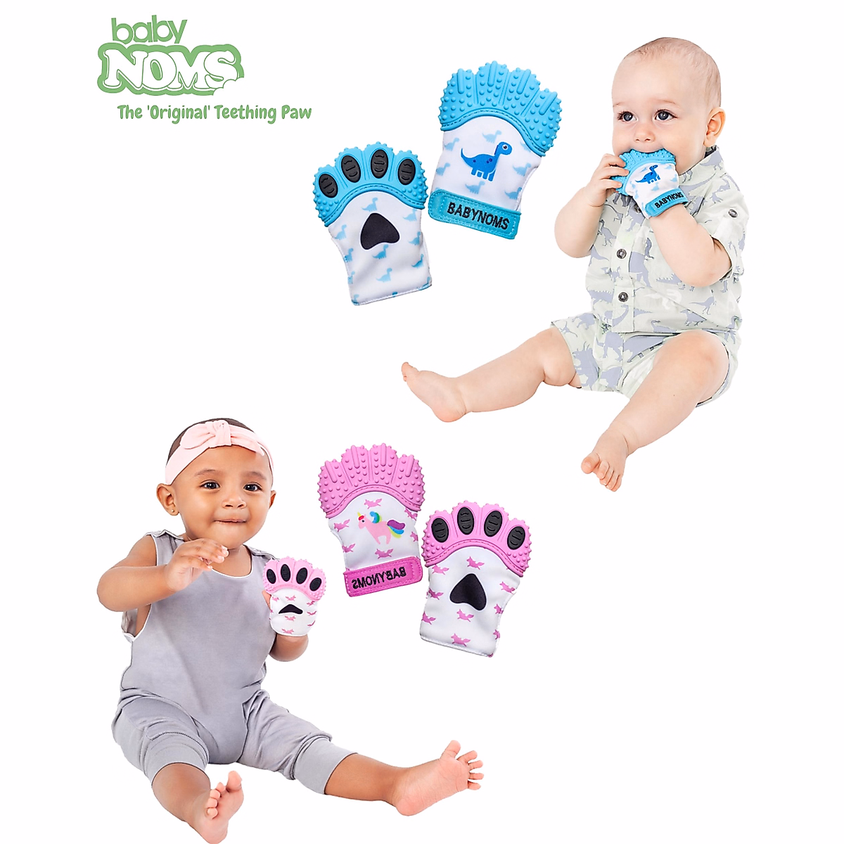 BabyNoms ® Teething Mitten Bundle | Dino Blue & Pink Unicorn Teether Paws