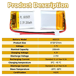 AKZYTUE 3.7V 200mAh 602025 Lipo Battery Rechargeable Lithium Polymer ion Battery Pack with PH2.0mm JST Connector