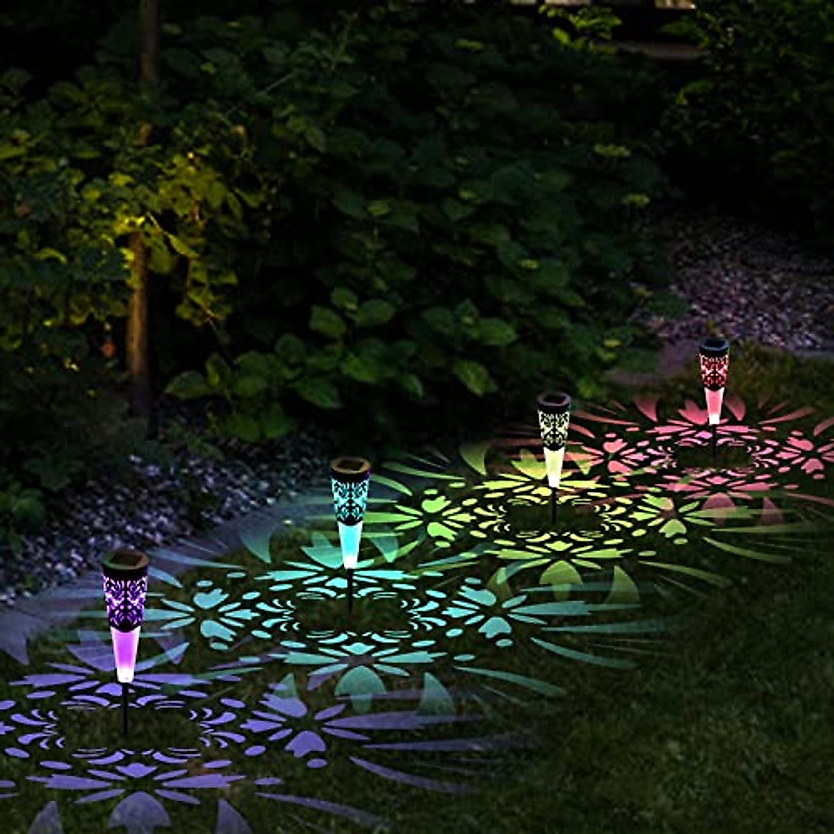 Solar Lights Outdoor , 4Pcs Garden Decor Solar Torch Lights with Color Changing&Warm White 2 Lighting Mode Waterproof Solar Garden Lights for Garden Dark Corner,Flower Bed,Walkway Lighting Decoration