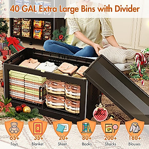 QAVABIN 160Gal/640Qt Large Storage Bins with Lid/Wheels/Doors/Dividers - 4 Tier Foldable Stackable Plastic Drawers, Extra Large Collapsible Cabinets Containers, Closet Organizers, Garage Totes, Black