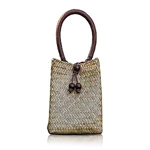 QTKJ Hand-woven Mini Retro Straw Handbag Bag Summer Beach Boho Rattan Tote Travel Bag with Wood Beaded Tassel Pendant (Beige)