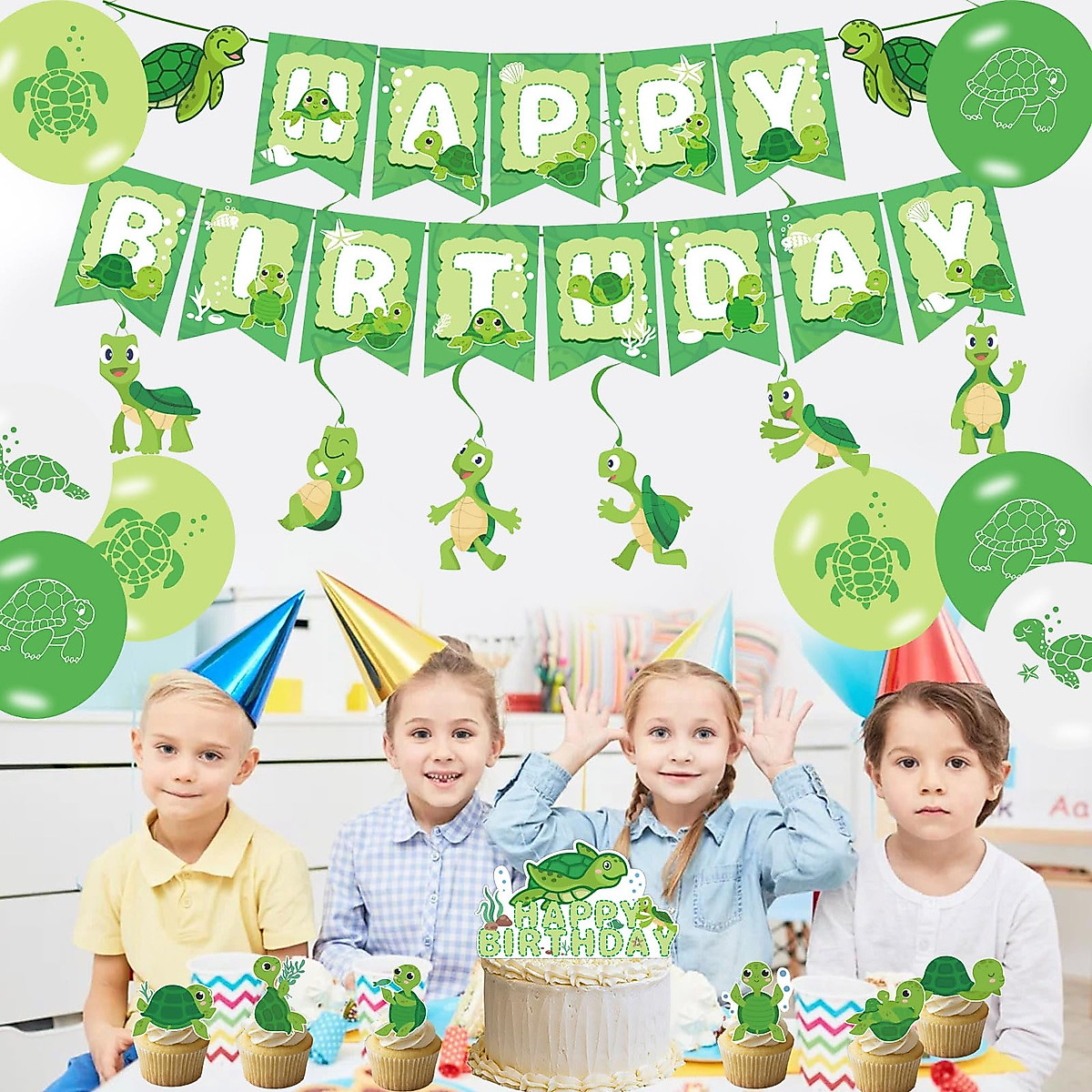 Chilfamy Turtle Party Decorations, Cute Turtle Party Supplies with Birthday Banner, Hanging Swirls, Green Turtle Baby Cake Toppers, Balloons for Kids Animal Theme Baby Shower, Birthday Party Decors