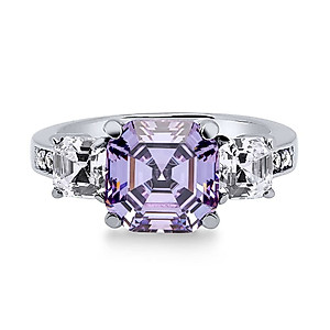 BERRICLE Sterling Silver 3-Stone Wedding Engagement Rings Purple Asscher Cut Cubic Zirconia CZ Statement Cocktail Anniversary Ring for Women, Rhodium Plated Size 4