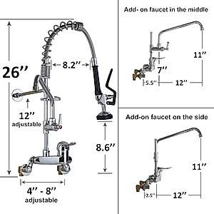 YooGyy Commercial Sink Faucet with 1.79 GPM Pre-Rinse Sprayer Wall Mount 4 Inch to 8 Inch Adjustable Center 26’’ Height Pre-Rinse Faucet with 12 Inch Add-on Swing Spout
