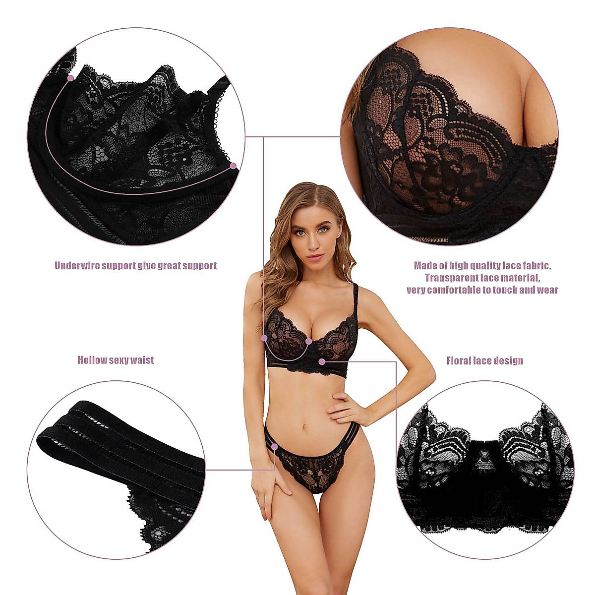 Guoeappa Women's Sexy Soft Lace Lingerie Set See Through Underwear Floral Lace Underwire Sheer Bra and Panty Set (Black,36B)
