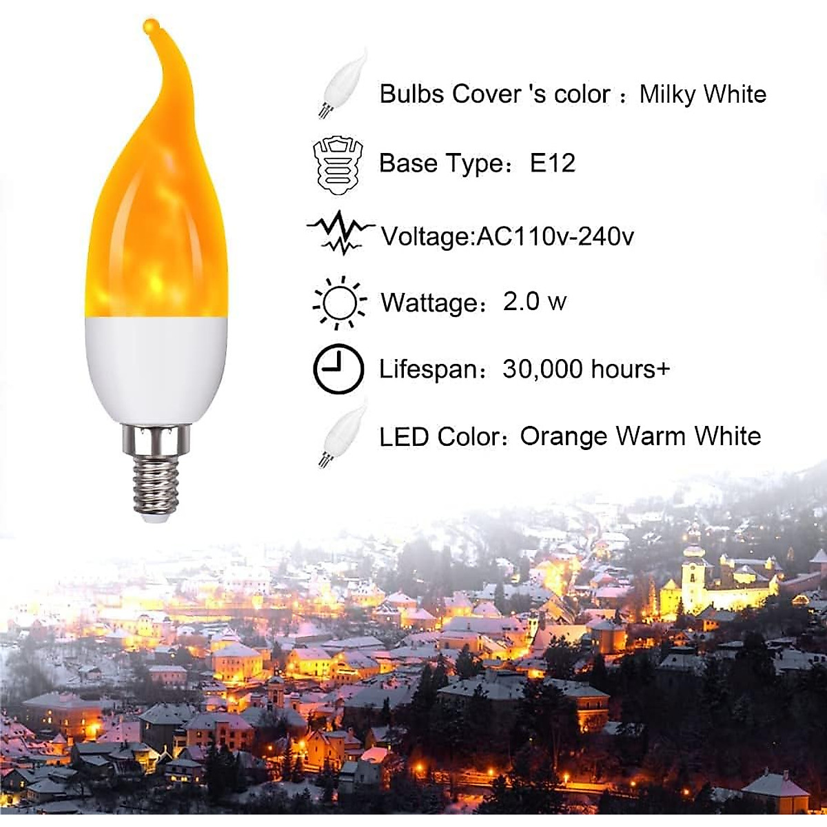 OHLGT E12 Flame Bulbs 4 Packs, 3 Mode LED Candelabra Flame Light Bulb 2.0 Watt Warm White Chandelier Flame Bulbs,1800k Candle Light Bulbs, Flame Tip for Christmas Party Decorations