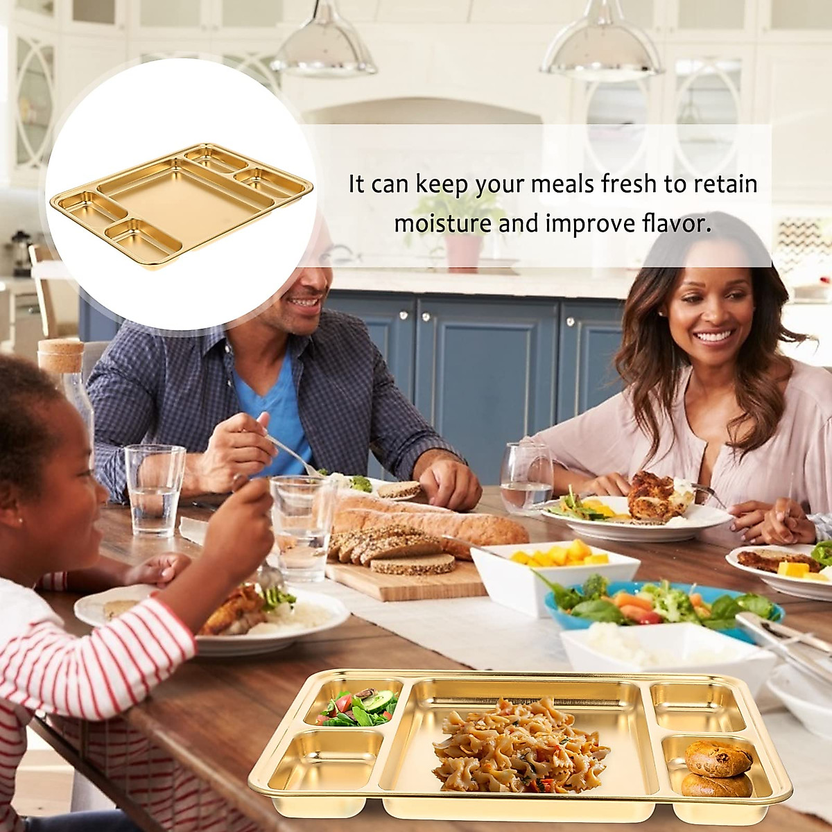 Hemoton Divided Compartment Tray Stainless Steel Divided Plate 5 Compartments Metal Lunch Tray for Home Office School Work Golden