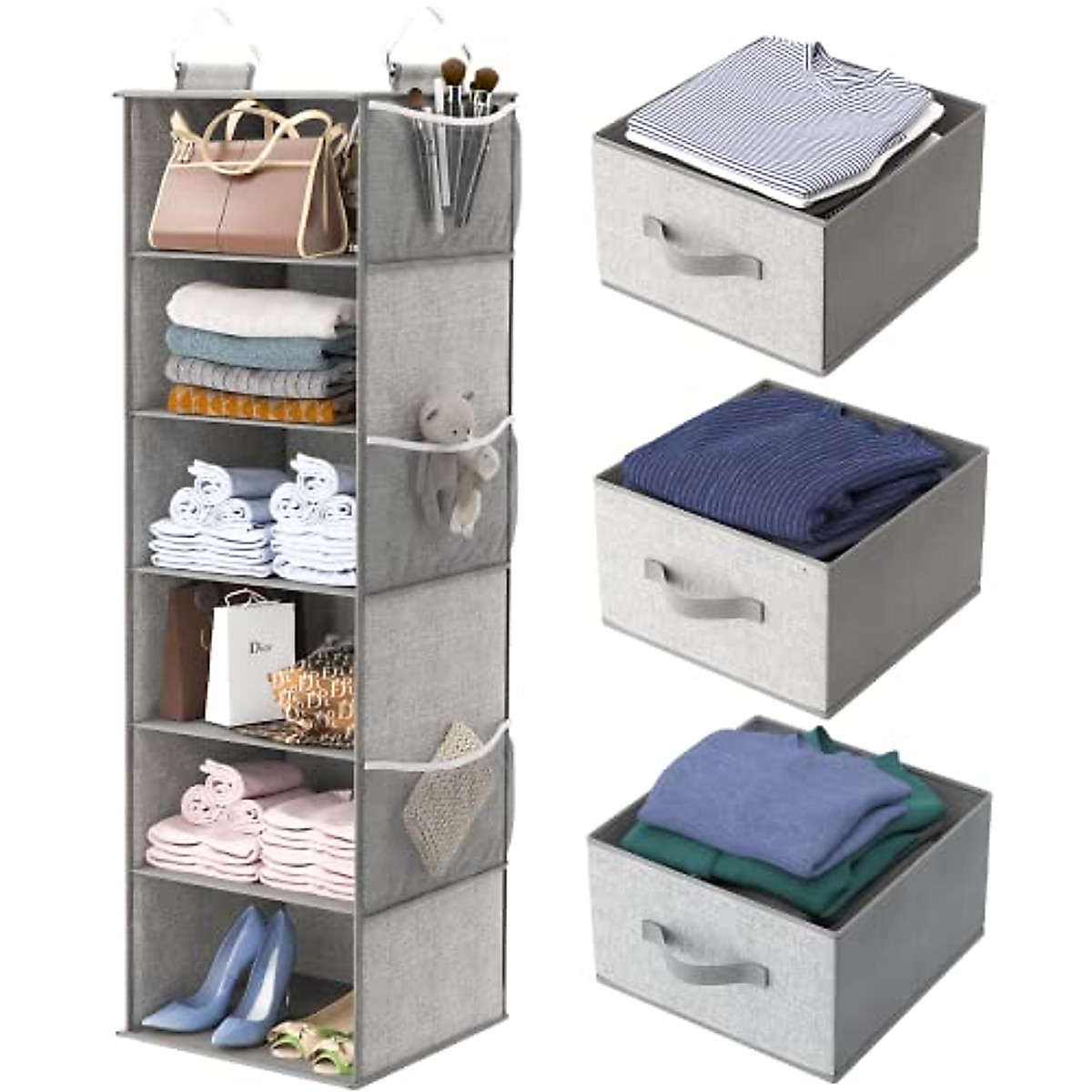 MONINXS Hanging Closet Organizer 6-Shelf, Hanging Shelves for Closet with 3 Divisible Drawers & Side Pocket, Linen, 11.4''W x 12''D x 43.3''H, Grey
