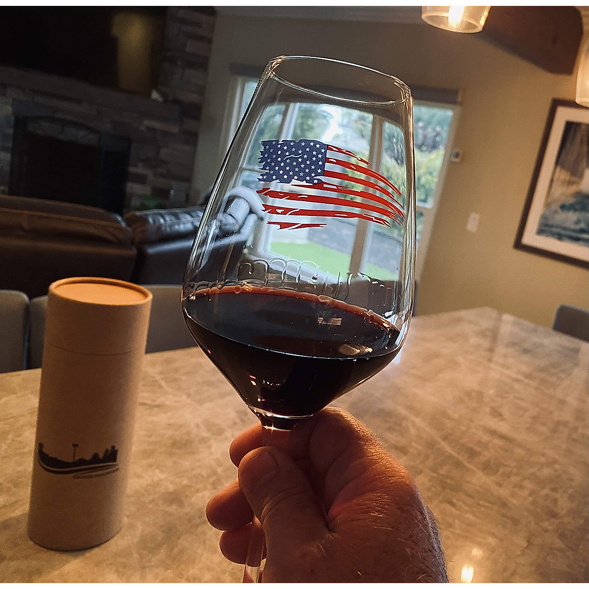 American Flag Long Stem Red Wine Glasses, Set of 2 Tall 20.5 oz Bordeaux Style Delivered in Custom Round Gift Box, Ideal Patriotic Gift, 4th of July Independence Day, Wedding Gift.
