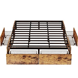 King Platform Bed Frame with 4 Storage Drawers, Sturdy and Stable, Noise-Free, No Box Spring Needed, Easy Assembly, Industrial Style, Brown