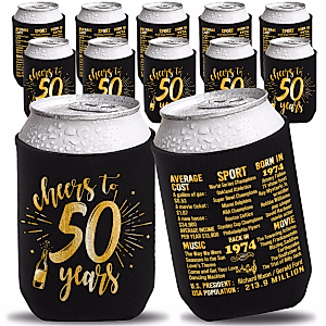 Happy 50th Birthday Decorations for Men Women, 50th Birthday Party Supplies, Vintage 1974- Fifty Birthday Party Beverage Can Cooler Sleeves, 12-Pack, Black & Gold