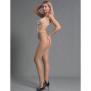 CHRLEISURE Women's Sparkle Rhinestone Fishnets, Sexy Sparkly Glitter Party Concert Outfit Fishnet Stockings (Skin)