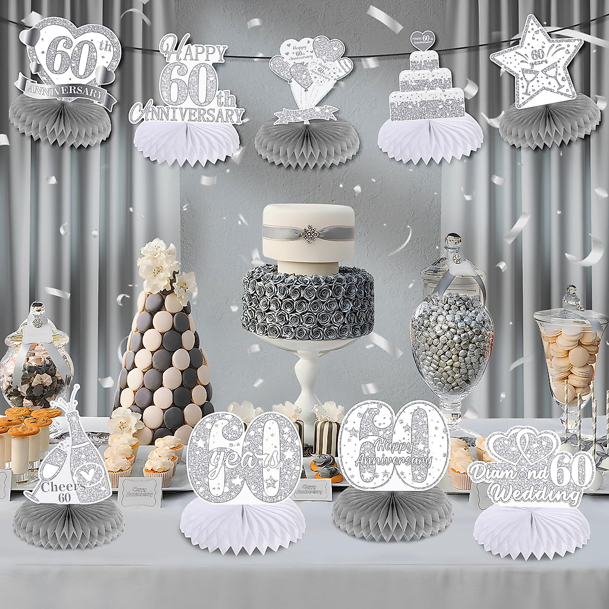 RUMIA 9Pcs 60th Wedding Anniversary Decorations 60th Diamond Wedding Anniversary Honeycomb Centerpiece Diamond Wedding Anniversary Table Toppers Centerpiece Decorations