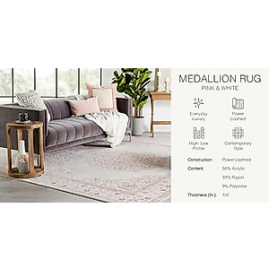 Jaipur Living Fables Collection 5' x 7'6" Small Area Rug with Medallion Design and Scrolling Border, Soft Power-Loomed Bohemian Rug for Bedrooms and Living Rooms, Pink/White
