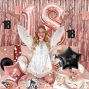 18th Black and Rose Gold Party Decorations - Happy Birthday Banner, Pennant, Birthday Balloons, Fringe Curtains, Tablecloth, Cake Topper, Hanging Swirls 18th Birthday Decorations for Girls Princess