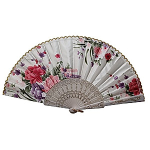 REINDEAR Multi-Pattern Decoration Fabric Flower Print Foldable Silk Lace Trim Hand Fan (3 Pcs, Silk)